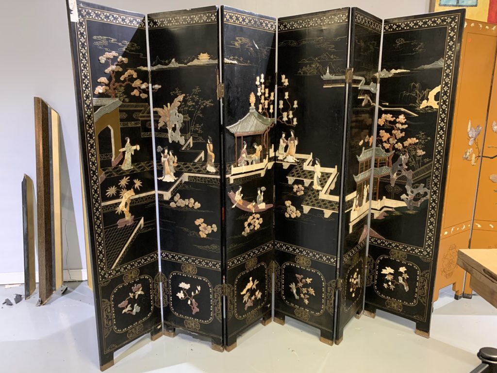 8 Panel Hand Carved Coromandel Screen with Semi Precious Stone Accents ...